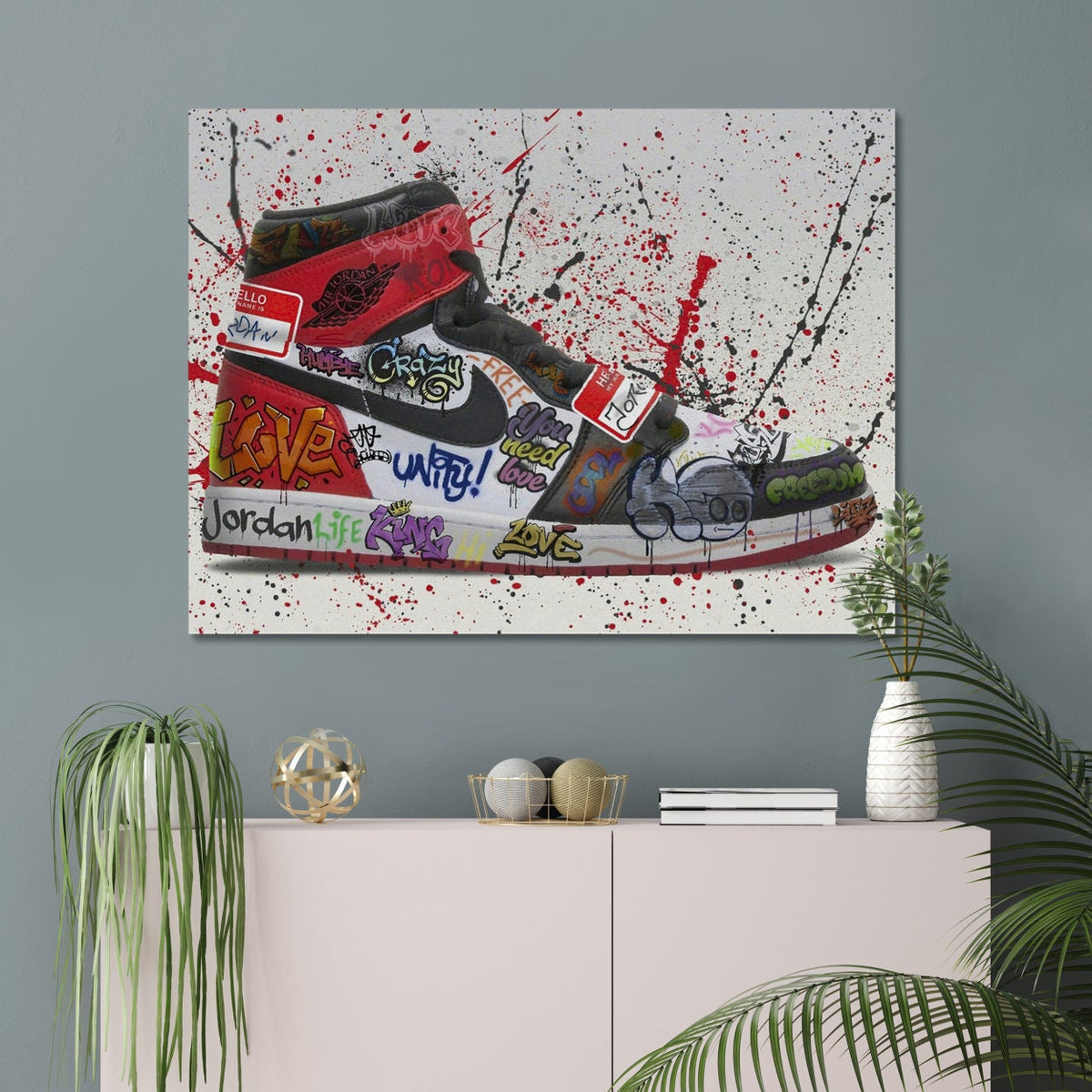 Air Jordan Red Shoe Hype Sneaker Graffiti Canvas Wall Art|AlphaWallArt